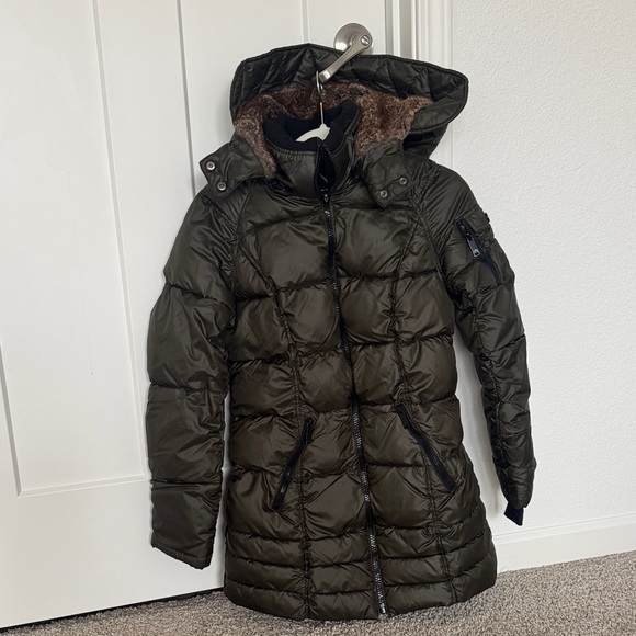 HFX | Jackets & Coats | Olive Green Puffer Coat With Faux Fur Hood ...